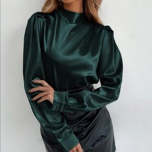 Tops | Classic Dark Mint Green High Neck Satin Top Work Minimalist ...